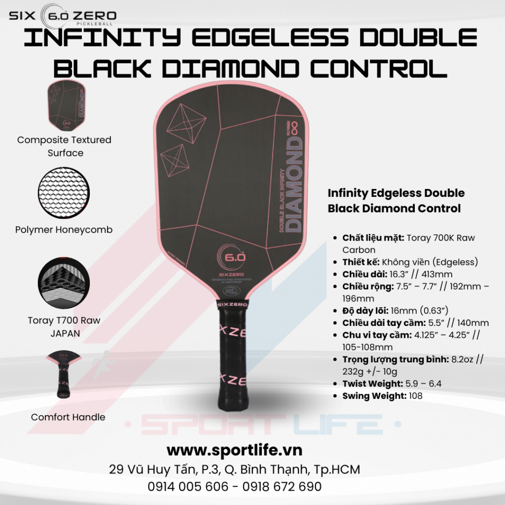 Vợt Pickleball Six Zero Infinity Edgeless Double Black Diamond Control - 16mm - Cherry Blossom ...